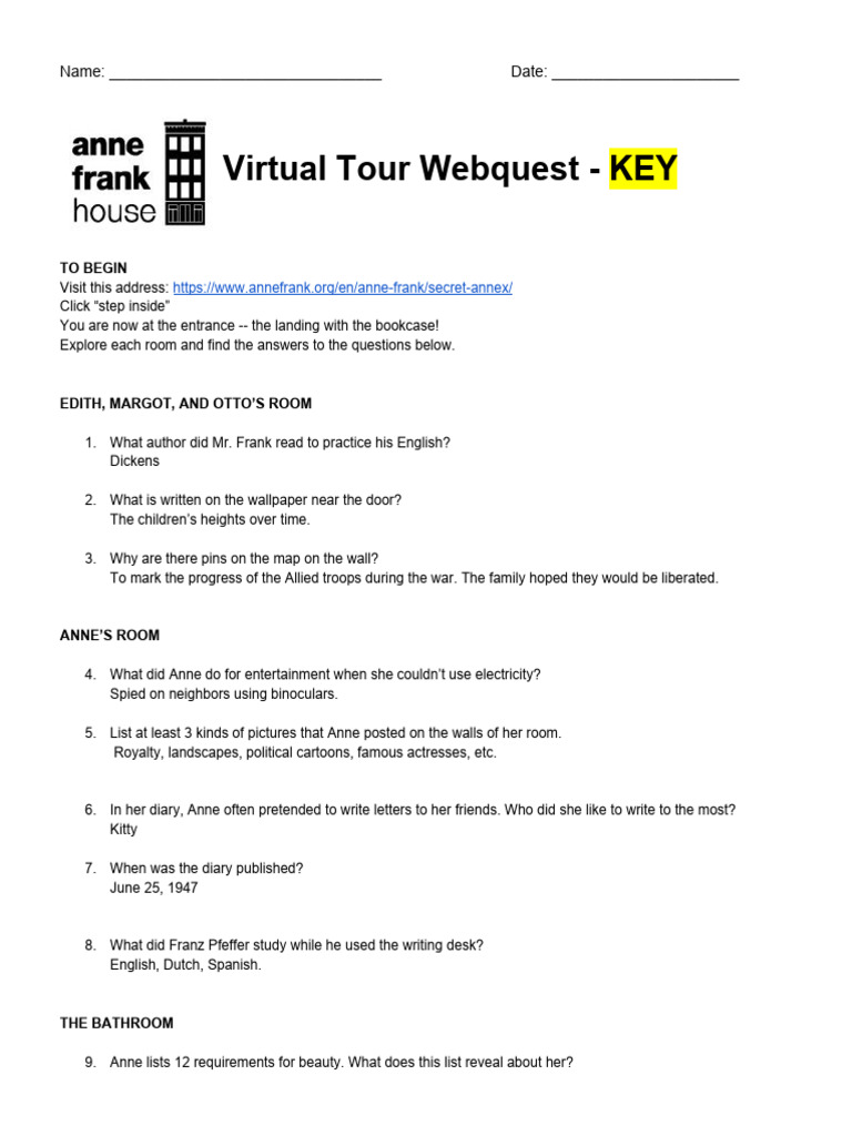 Virtual Tour Webquest - KEY: Name: - Date | PDF