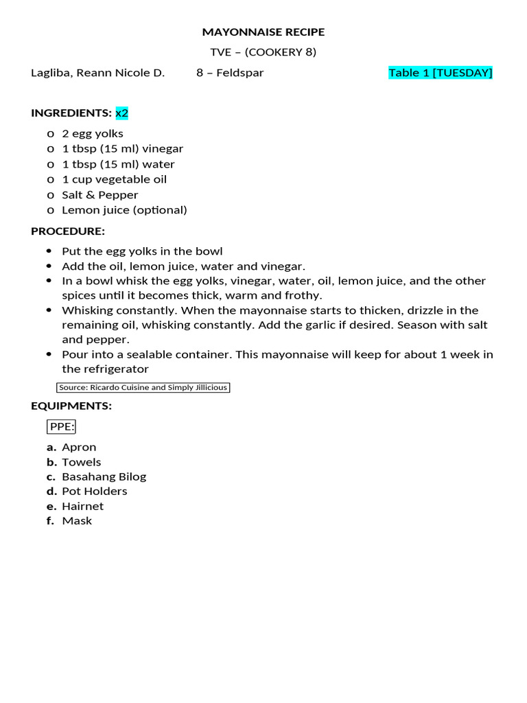Mayonnaise Recipe | PDF