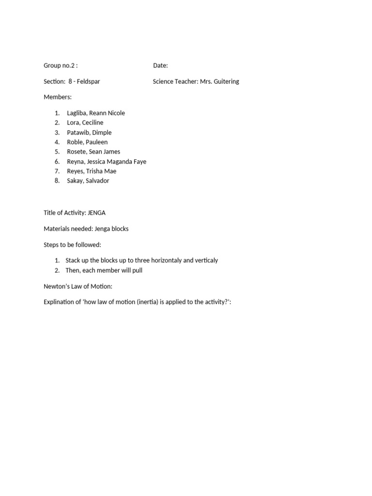 Jenga Activity and Newton's Laws | PDF