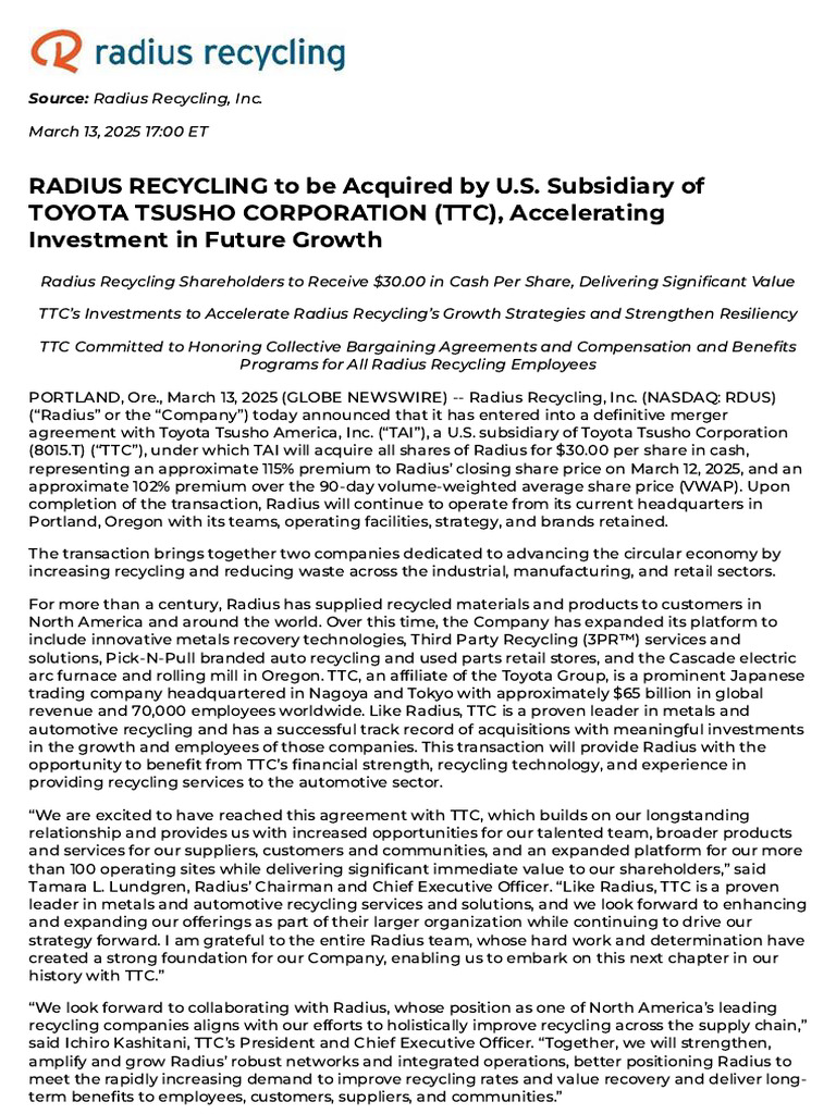 Radius Recycling To Be Acquired by U S Subsidiary | PDF | Mergers And ...