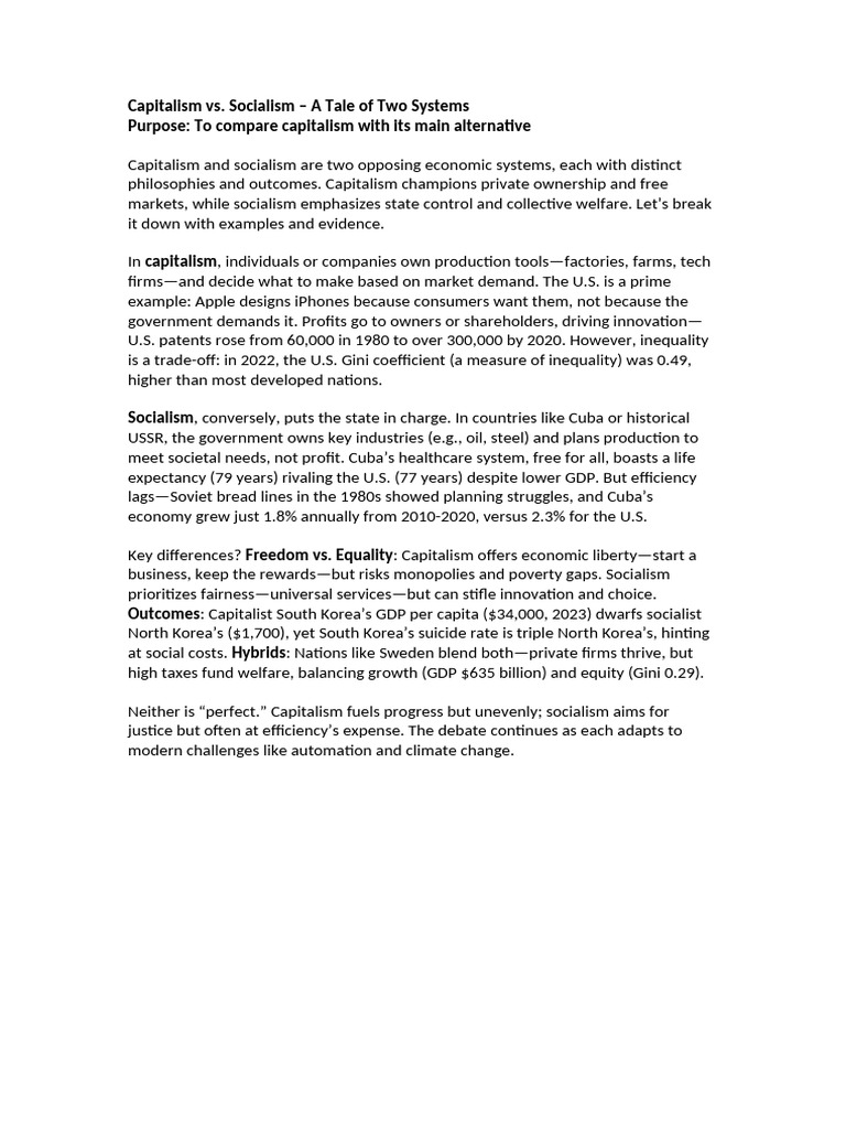 Capitalism Vs Socialism Key Differences Pdf