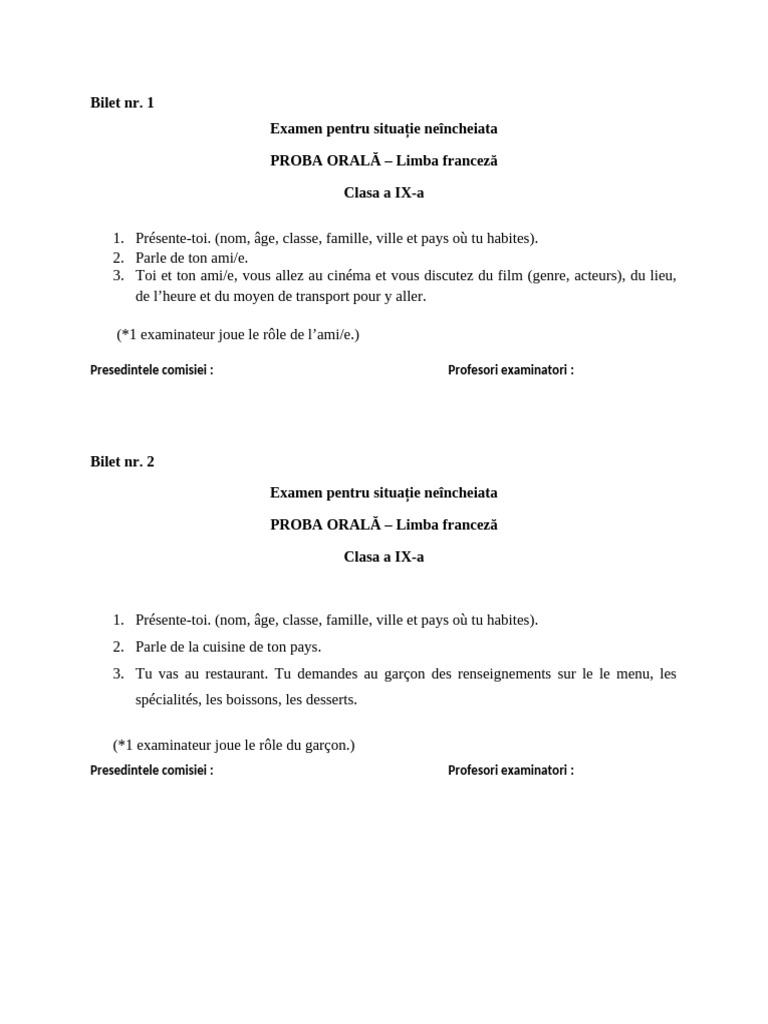 Examen Oral de Français - Cl. IX | PDF
