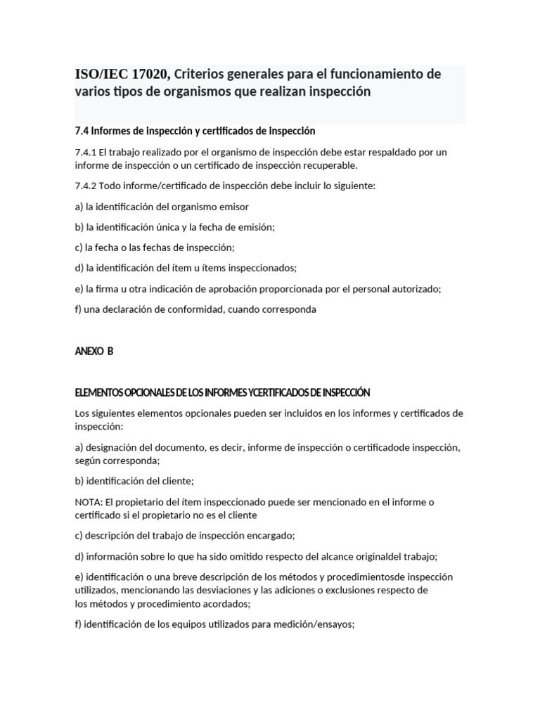 Normativa ISO/IEC 17020: Informes de Inspección | PDF