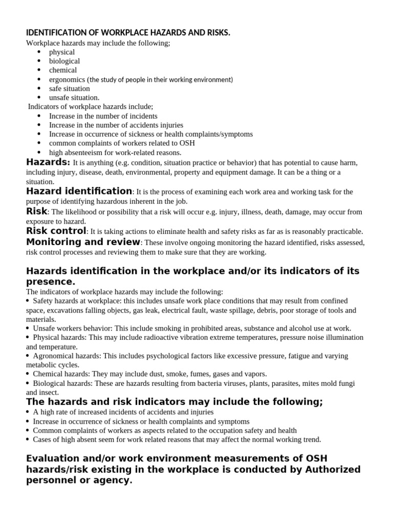 Osha Identification of Workplace Hazards and Risks | PDF | Occupational ...