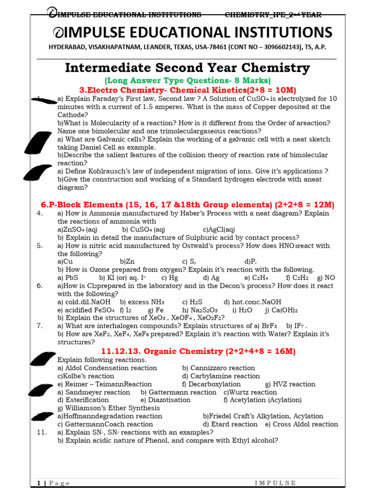 2nd Year Chemistry Ipe Imp Questions | PDF | Catalysis | Electrochemistry
