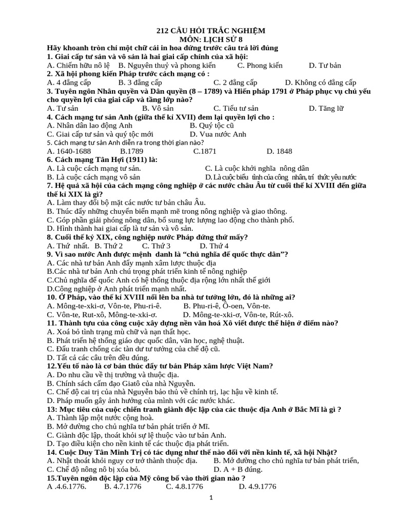 (Lib24.vn) 212-Cau-Hoi-Trac-Nghiem-Lich-Su-8 | PDF
