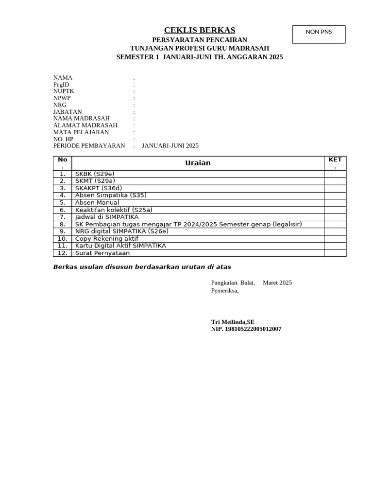 CEKLIS BERKAS TPG Non PNS | PDF