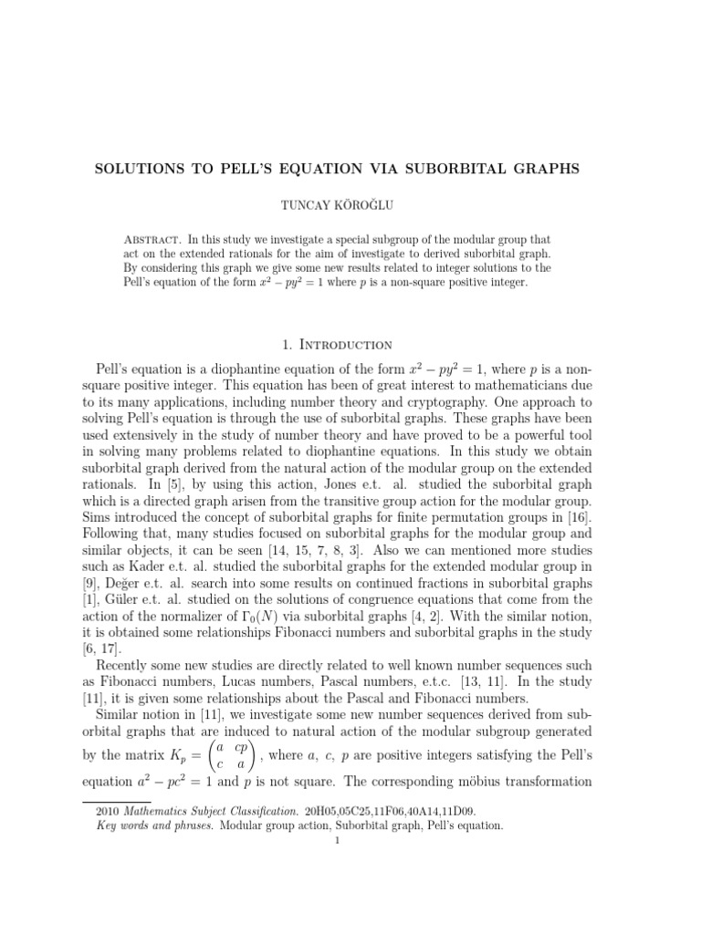 Solutions To Pell's Equation Via Suborbital Graphs | PDF | Group (Mathematics) | Discrete ...