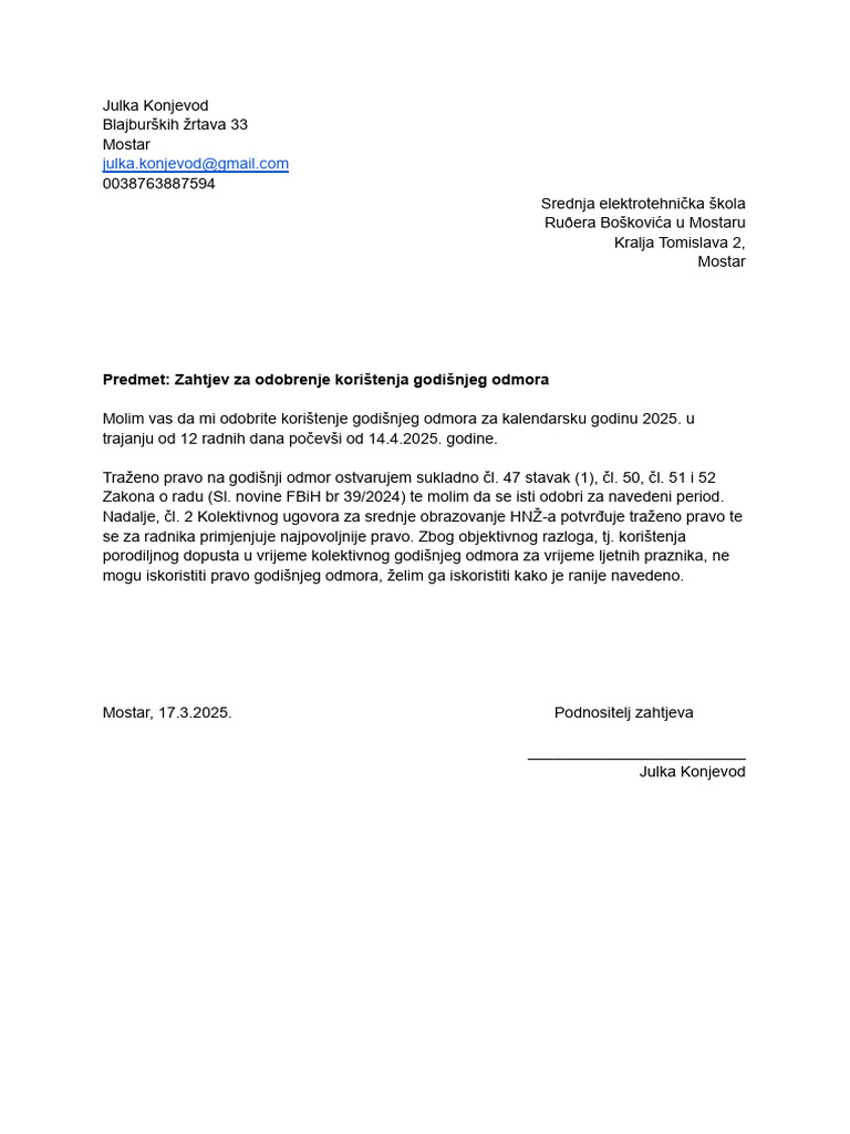 Zahtjev Za Godisnji Odmor | PDF