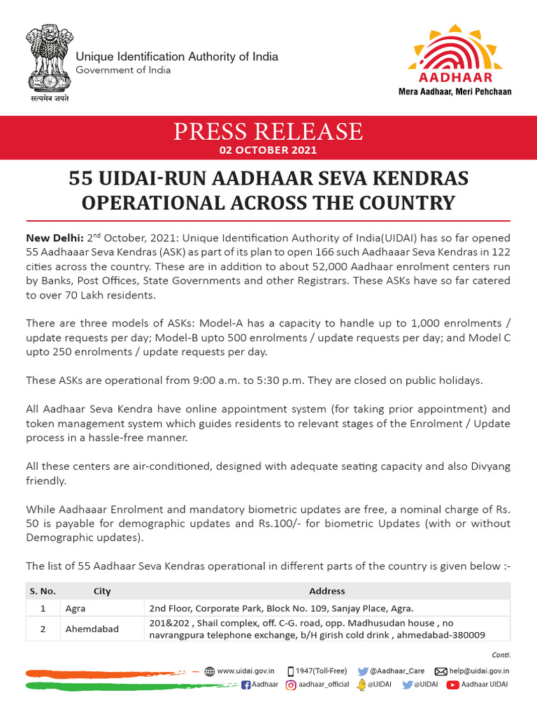 Oct 2021 Aadhaar Press Release | PDF | Economy Of India | Government Of India