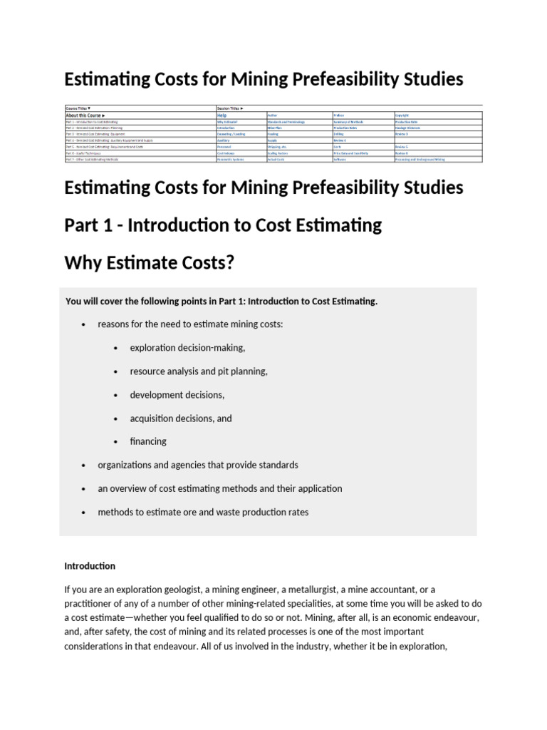 Mining Cost Estimation Methods Guide | PDF | Mining | Real Estate Appraisal