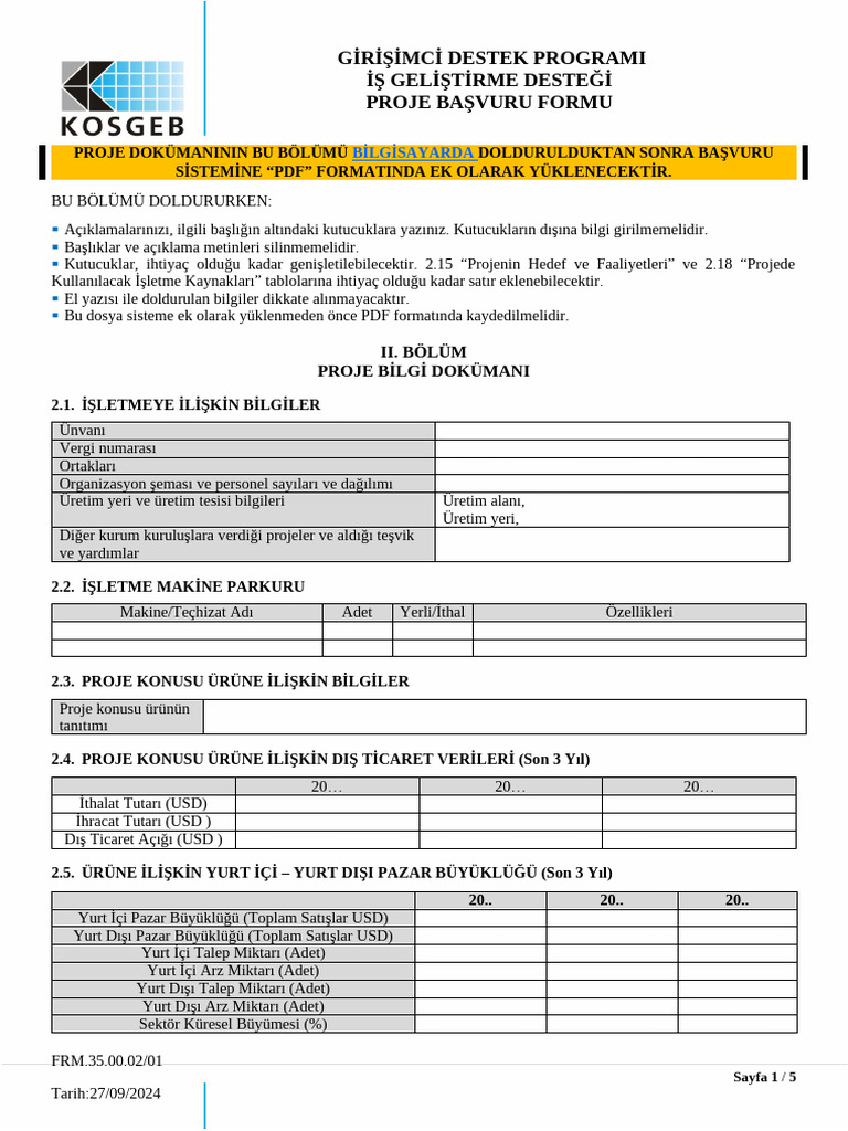 FRM.35.00.02 (01) - İş Geliştirme Desteği Proje Başvuru Formu II - Bölüm | PDF