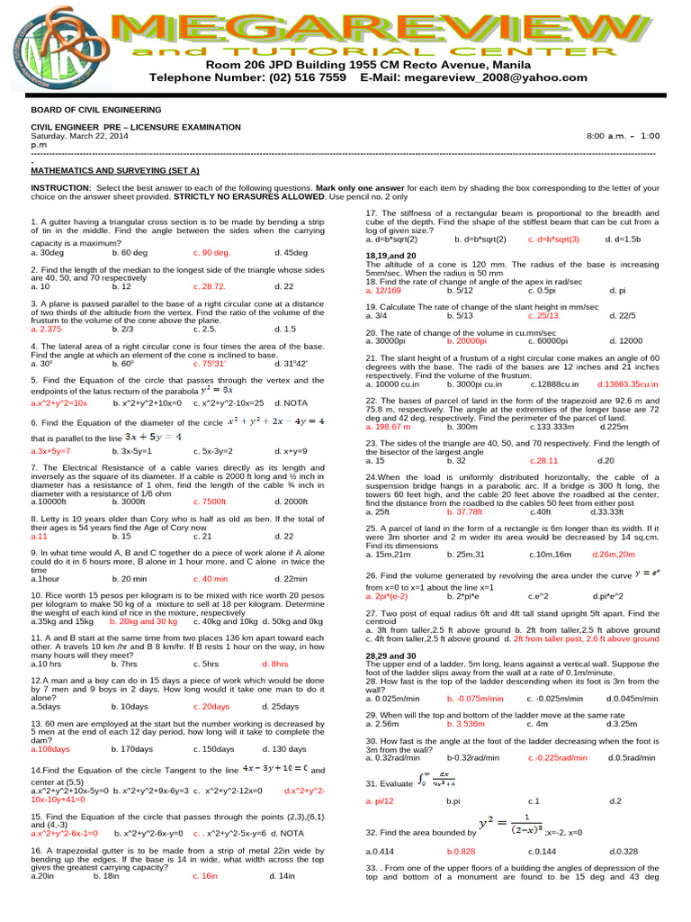 Final Megamath Preboard-2014 | PDF | Area | Sphere