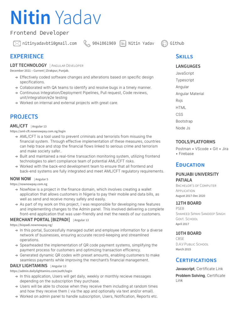 Nitin Resume Angular Resume | PDF | Qr Code | Software