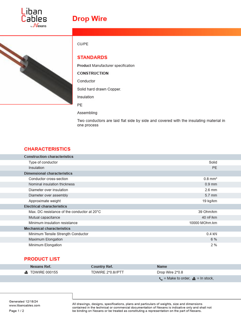 Drop Wire Specifications and Characteristics | PDF | Electrical ...