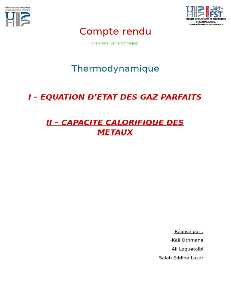 Étude des Gaz Parfaits et Métaux | PDF | Transfert thermique | Capacité ...