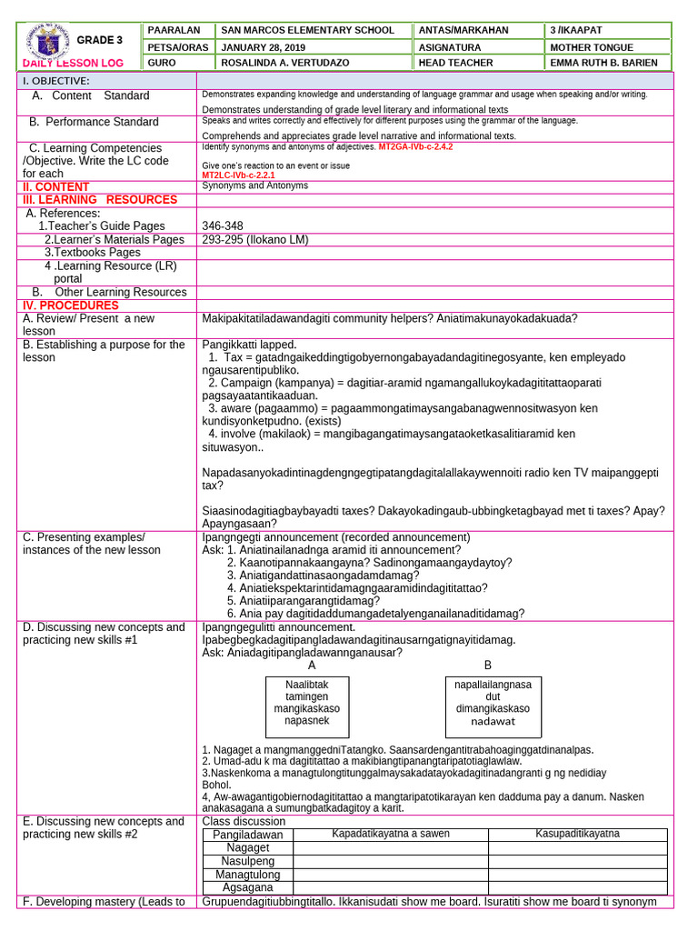DLL COT 1st To 4th Quarter | PDF | Teachers | Learning
