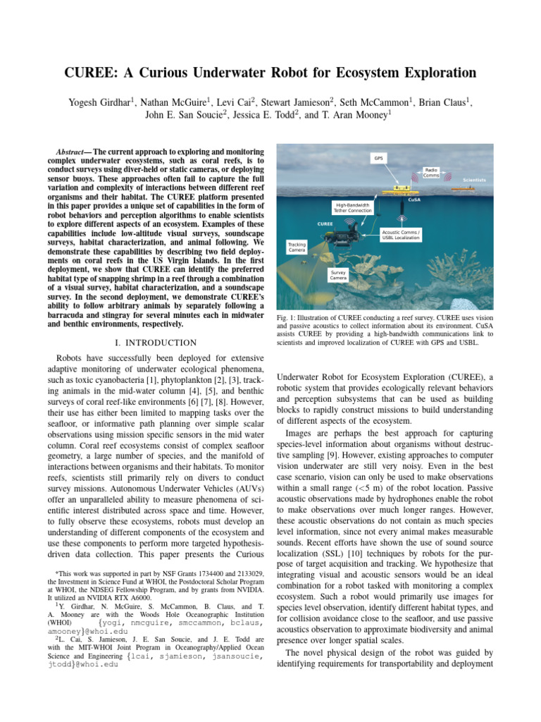 CUREE A Curious Underwater Robot For Ecosystem Exp | PDF | Reef | Benthic Zone