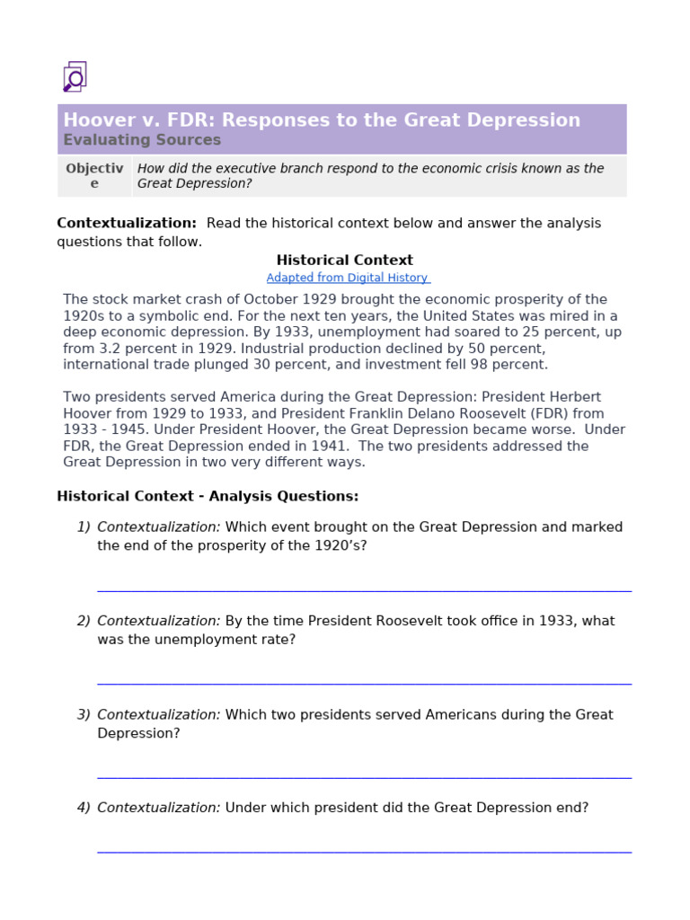 Hoover vs. FDR: Great Depression Responses | PDF | Great Depression ...