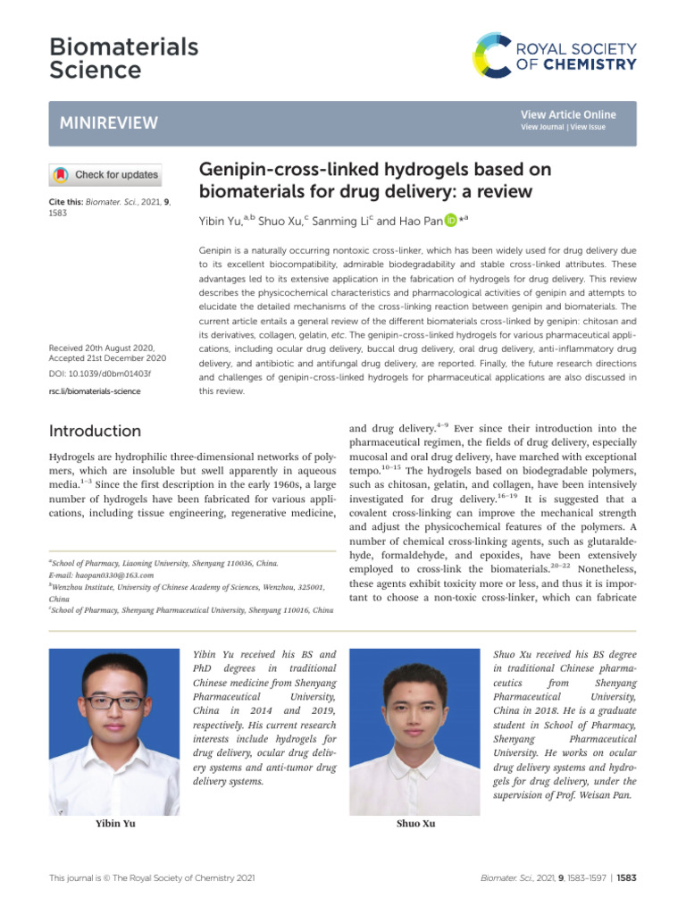 Genipin Cross Linked Hydrogéis Based On Biomaterials For Drug Delivery ...