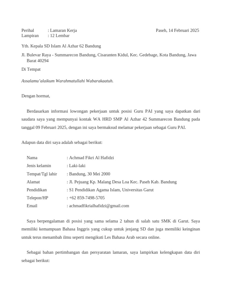 Surat Lamaran SD Al Azhar 62 BDG | PDF