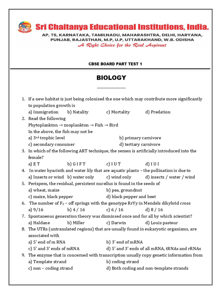 Allsr's - Final Cbse Board - Biology Part Test 1 Q.P 17.03.2025 | PDF ...