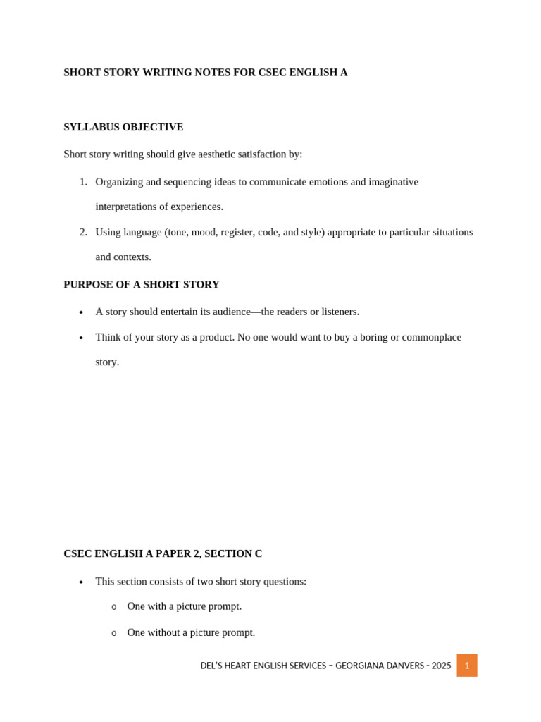 Short Story Writing Notes For Csec English A | PDF | Comma | Quotation Mark
