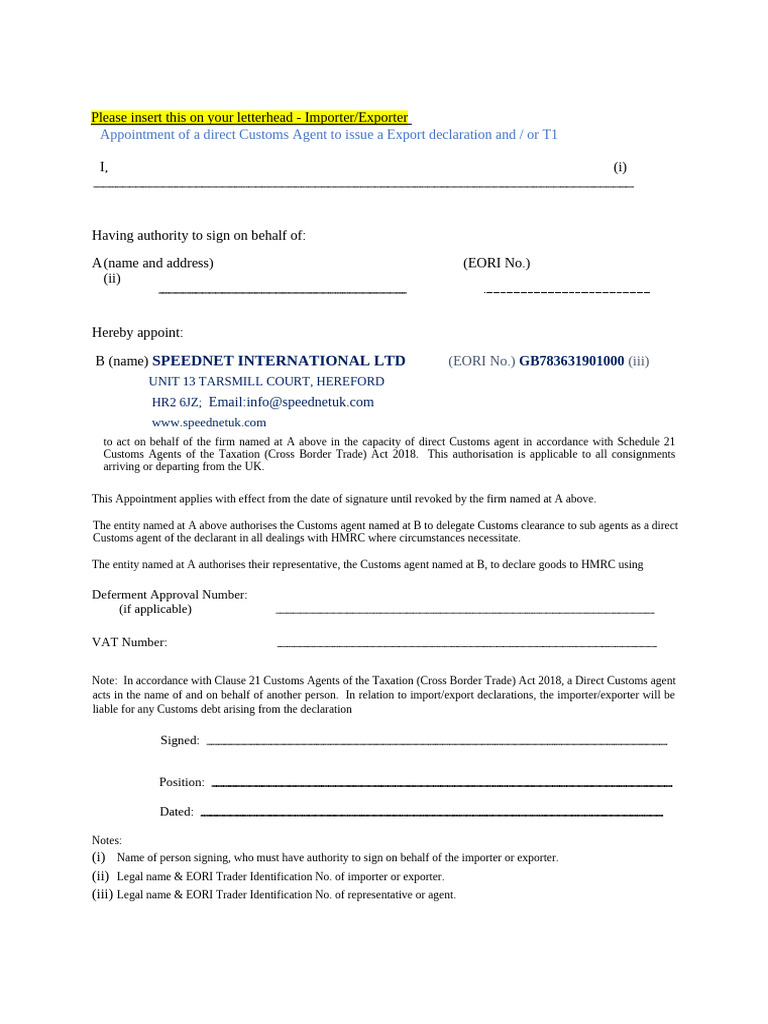 Customs Agent Appointment Template | PDF