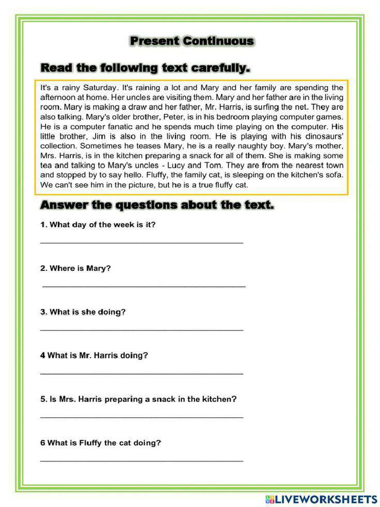 Present Continuous - Reading Comprehension Worksheet | PDF