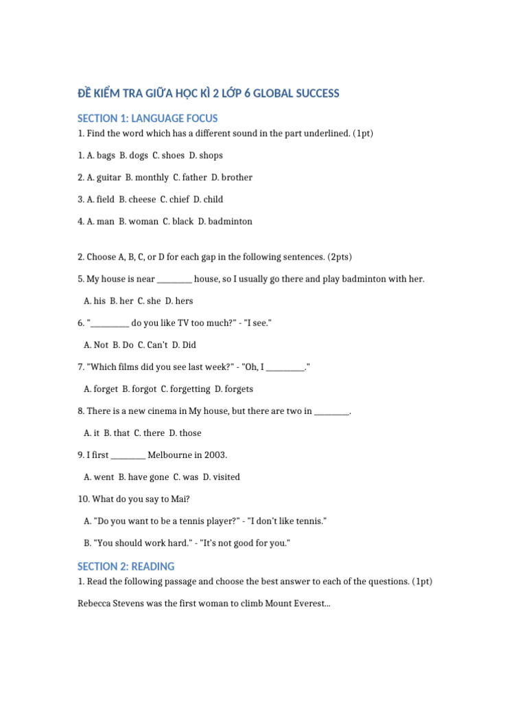 Test Exam Lop 6 Global Success | PDF