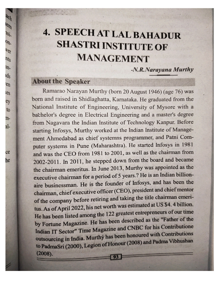 Speech at Lal Bhadur NR Narayana Murthy SUMMARY | PDF