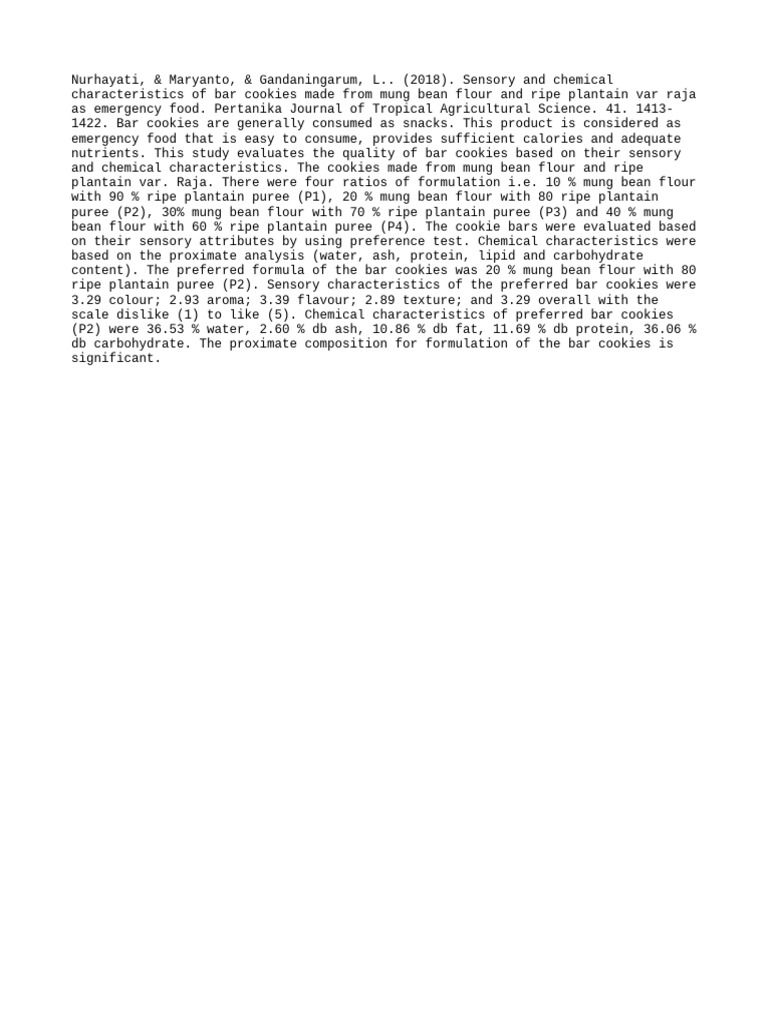 Sensory and Chemical Characteristics of Bar Cookies Made From Mung Bean Flour and Ripe Plantain ...