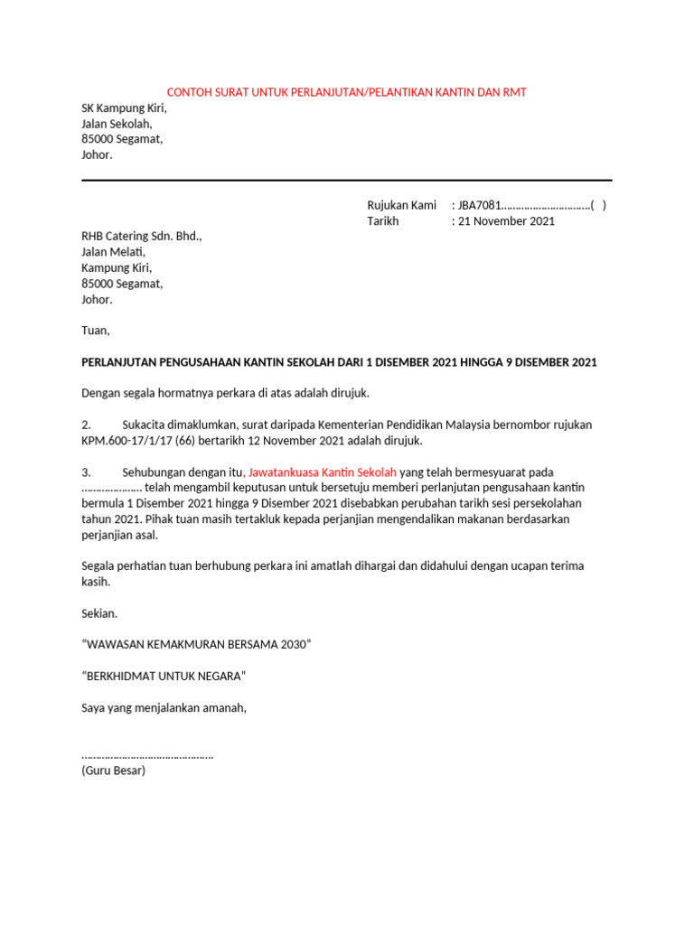 Surat Perlanjutan Kantin Dan RMT | PDF