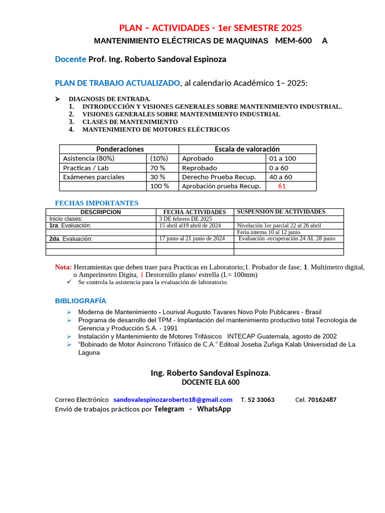 - Plan Actividades MEM-600 1-25 | PDF | Electricidad | Ingenieria Eléctrica