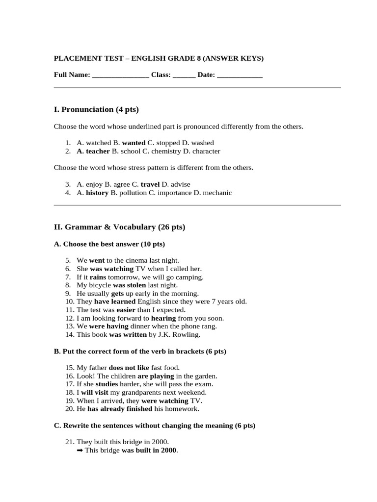 Placement Test (Answer Keys) | PDF | English Language | Linguistics
