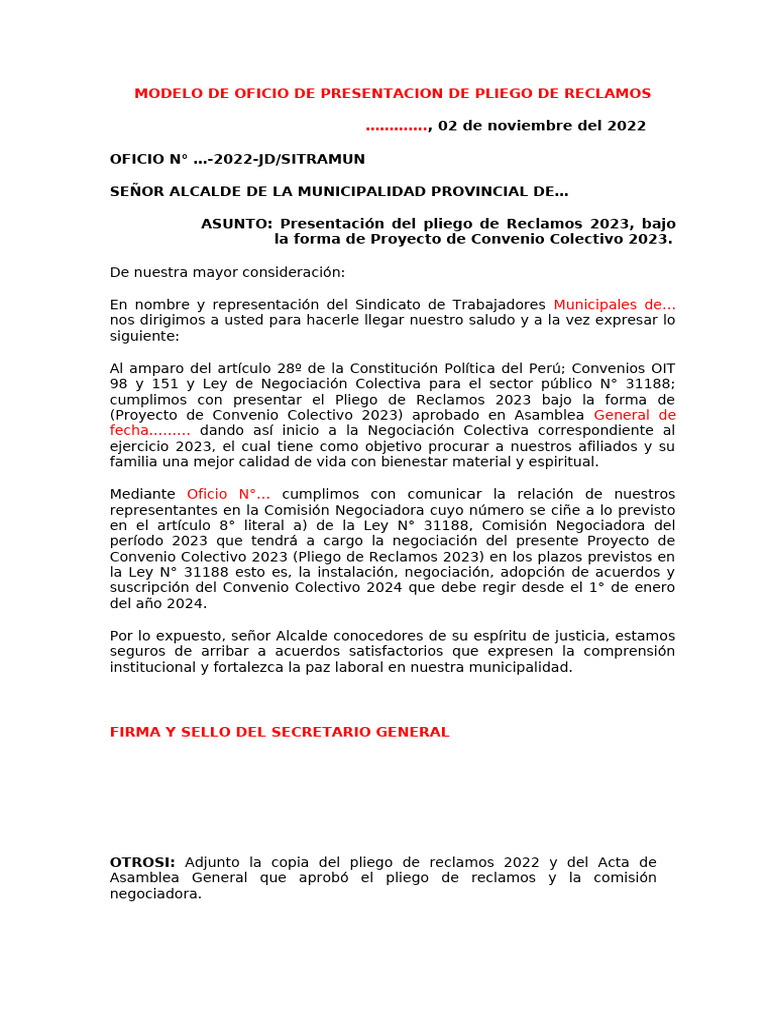 Modelo Oficio Presentacion Pliego de Reclamos 2022 | PDF