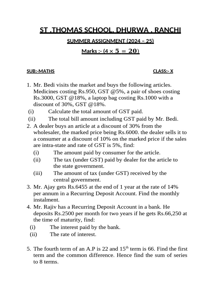 Maths Summer Assignment (Class X) | PDF
