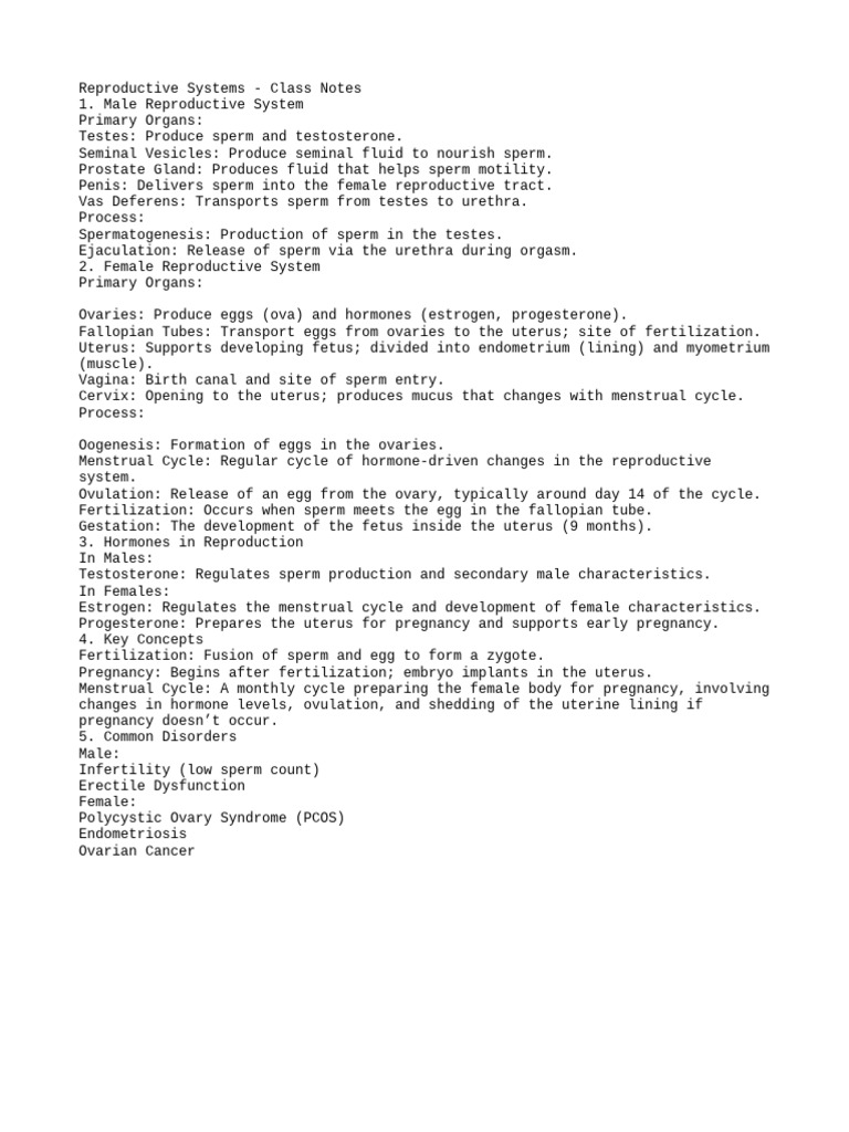 Reproductive System Overview and Notes | PDF