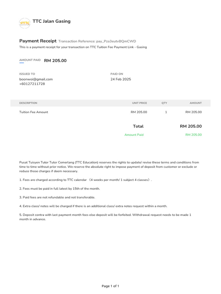 Receipt Pay - Pza3eutvBQmCWD From TTC (Jalan Gasing) (Paid) | PDF