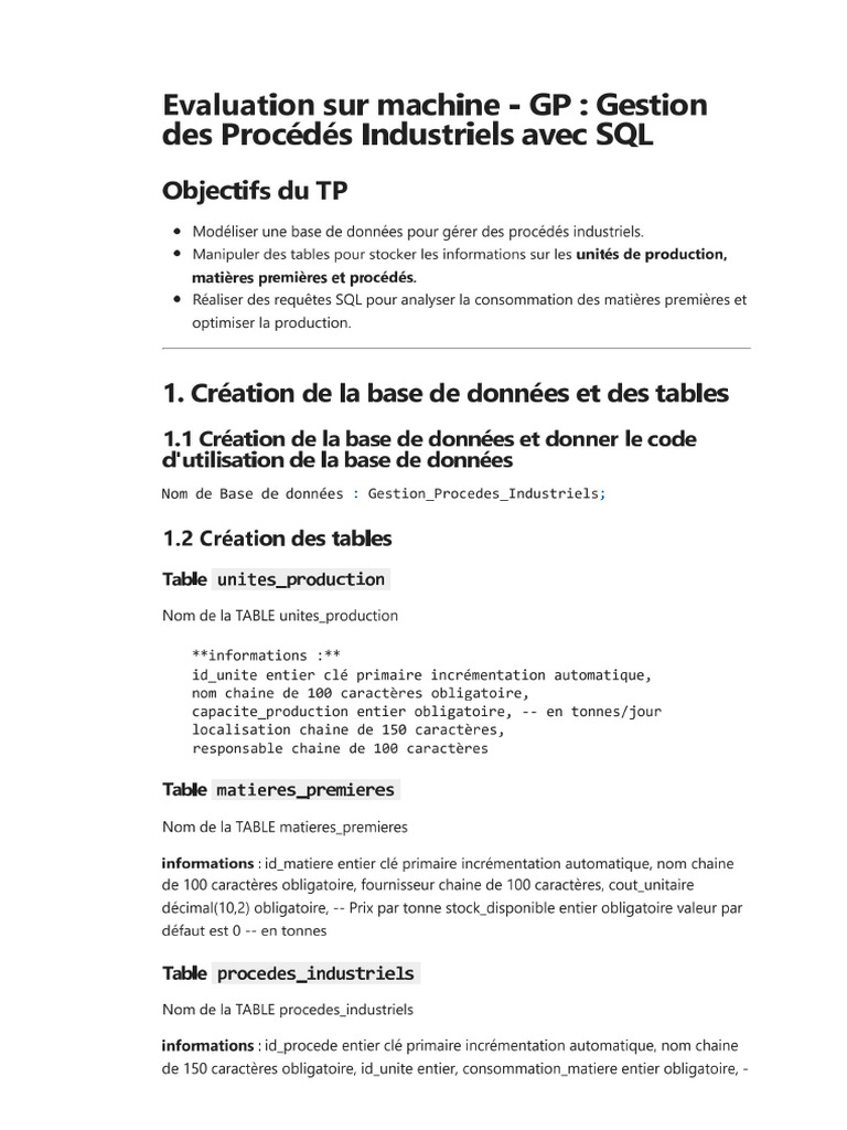 Evaluation Sur Machine - GP - Gestion Des Procédés Industriels Avec SQL | PDF