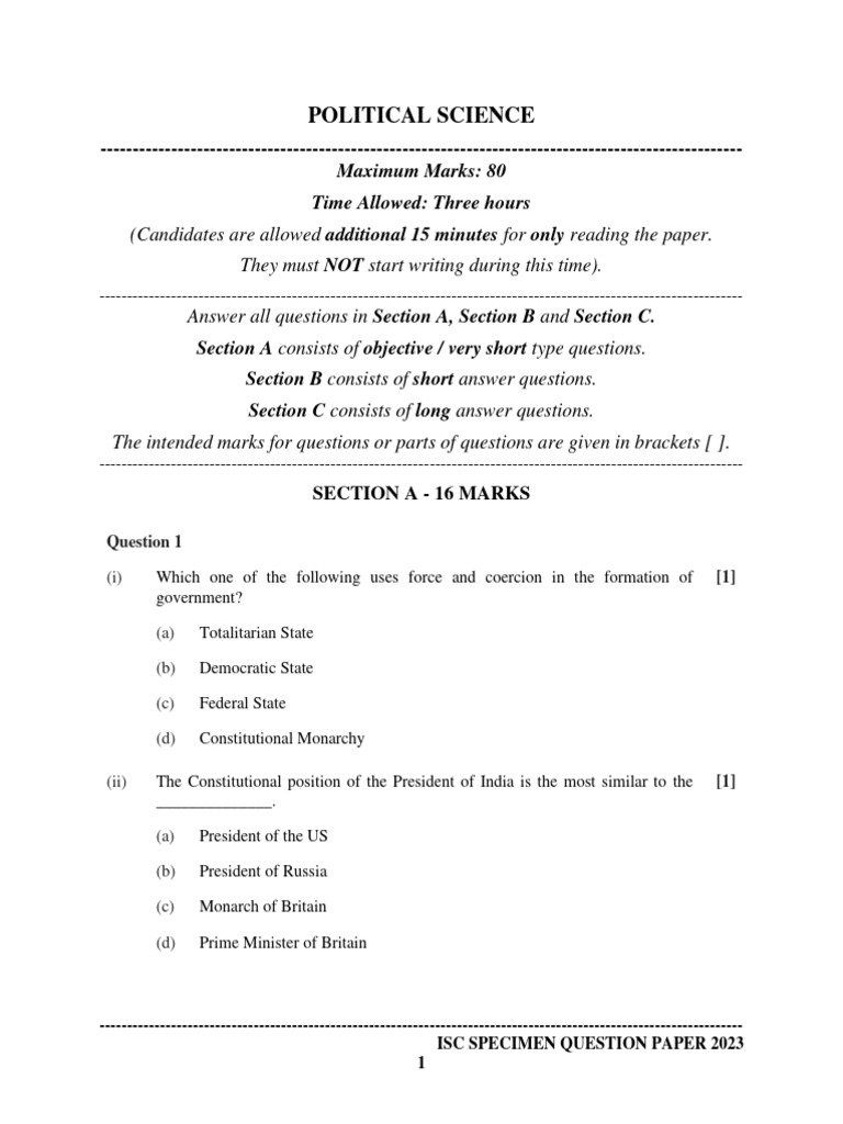ISC Class 12 Political Science Question Paper 2023 | PDF | Constitution ...