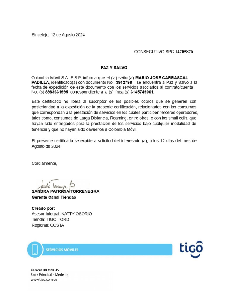 Certificado Paz y Salvo Tigo Colombia | PDF