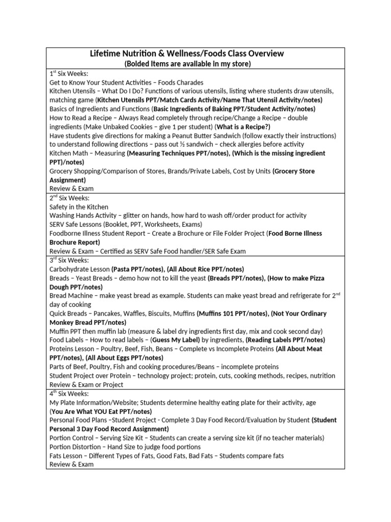 LifetimeNutritionWellnessFoodsClassOverview-1 | PDF | Foods | Cooking