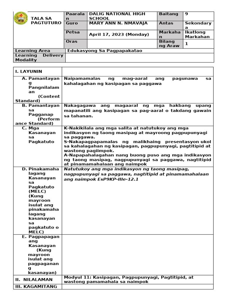COT LESSON PLAN IN ESP 9 QOUARTER 3 | PDF