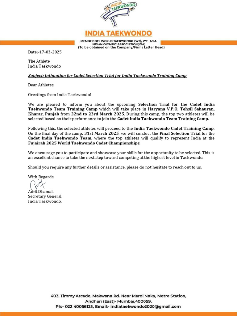 letter-India-Taekwondo For Athlete | PDF