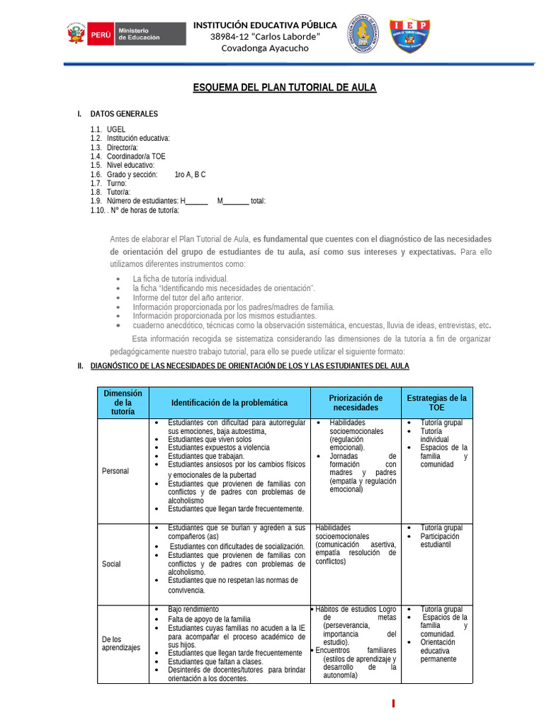 Estructura Del Plan Tutorial de Aula 2025 | PDF | Las emociones | Salón ...