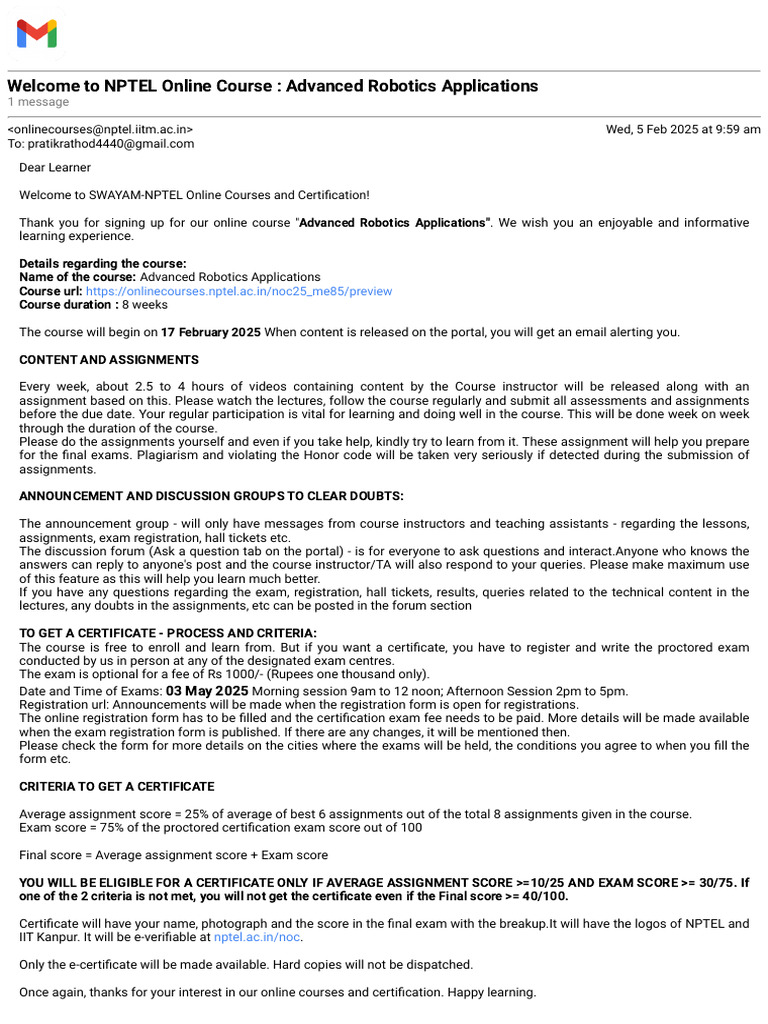 Gmail - Welcome To NPTEL Online Course - Advanced Robotics Applications | PDF | Educational ...