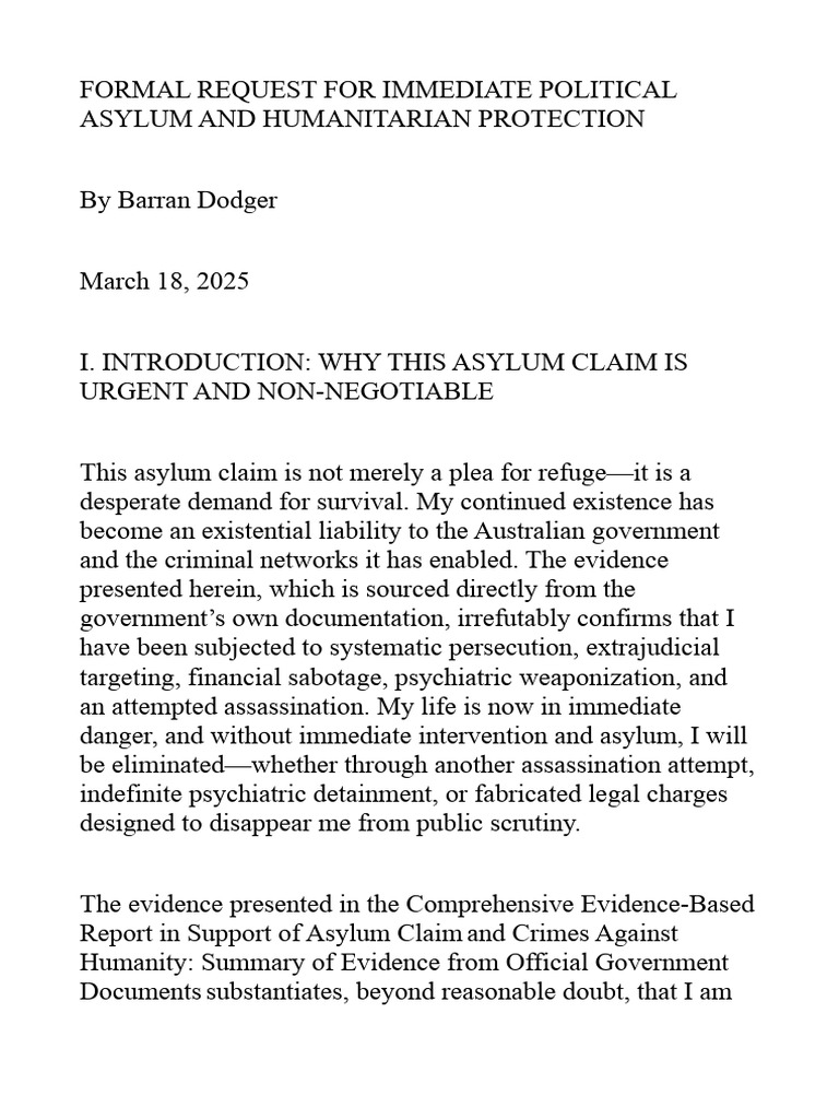 Formal Request For Immediate Political Asylum and Humanitarian ...
