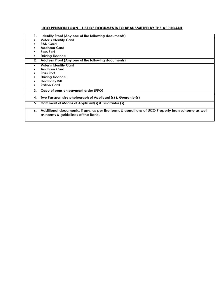 UCO Bank Pension Loan Document Requirements | PDF