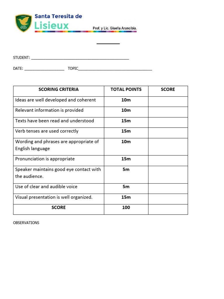 RUBRIC For ORAL PRESENTATIONS | PDF